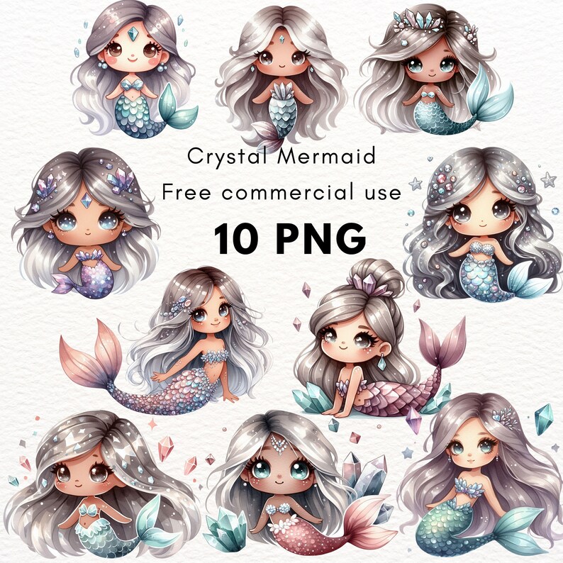 Cute Mermaid Clipart Bundle 10 PNG Images. Mermaid Clipart. Printable ...