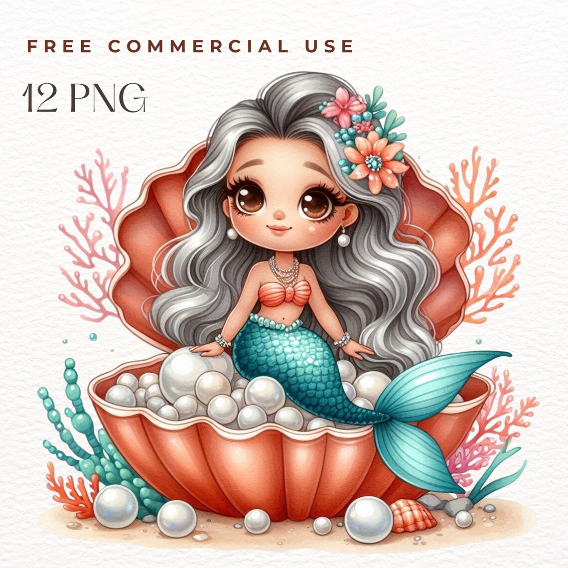 Mermaid Sitting in the Seashell Clipart Bundle 12 PNG Images. Mermaid ...