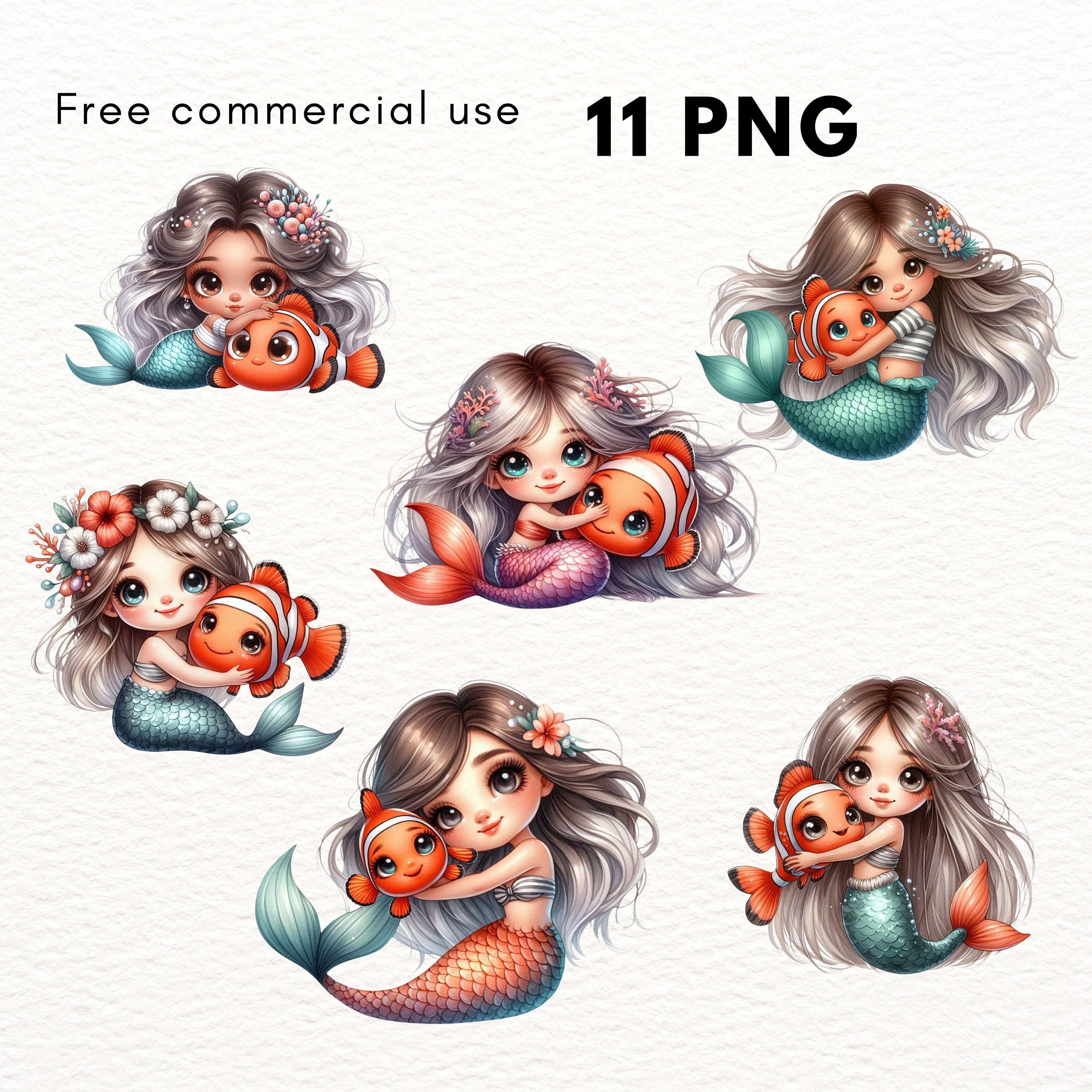 Cute Mermaid and Clown Fish Clipart Bundle 11 PNG Images. Mermaid ...