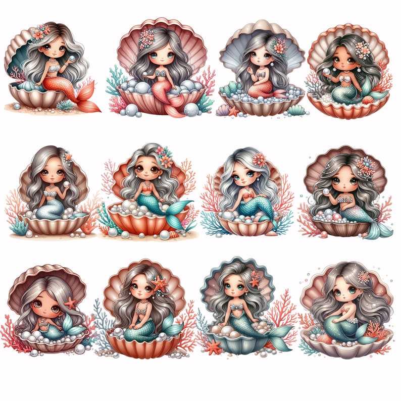 Mermaid Sitting in the Seashell Clipart Bundle 12 PNG Images. Mermaid ...