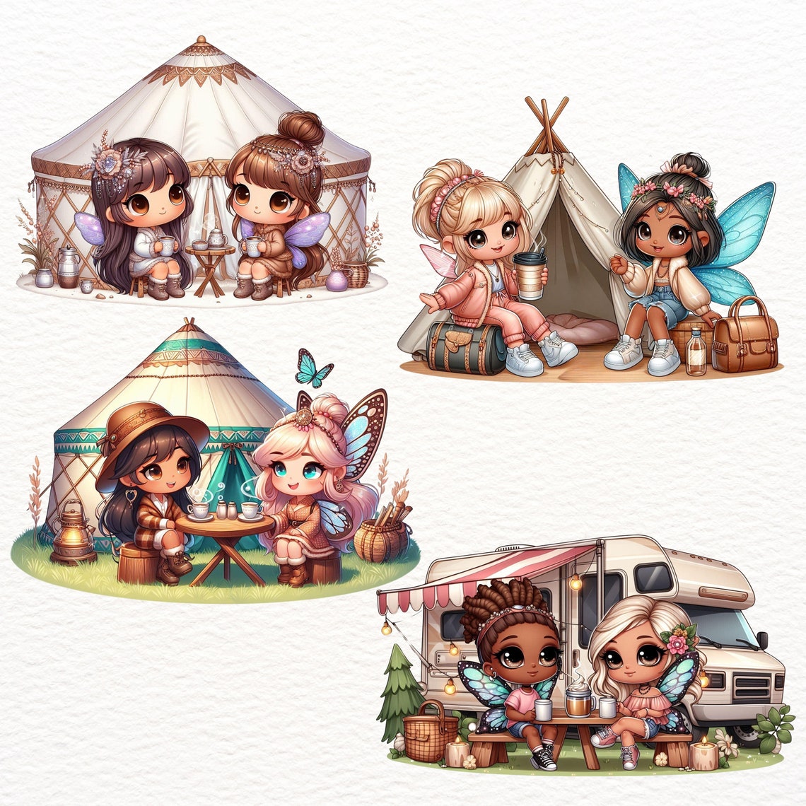 Cute Fairy Camping Drinking Coffee Clipart Set 9 PNG Images. Fairy ...