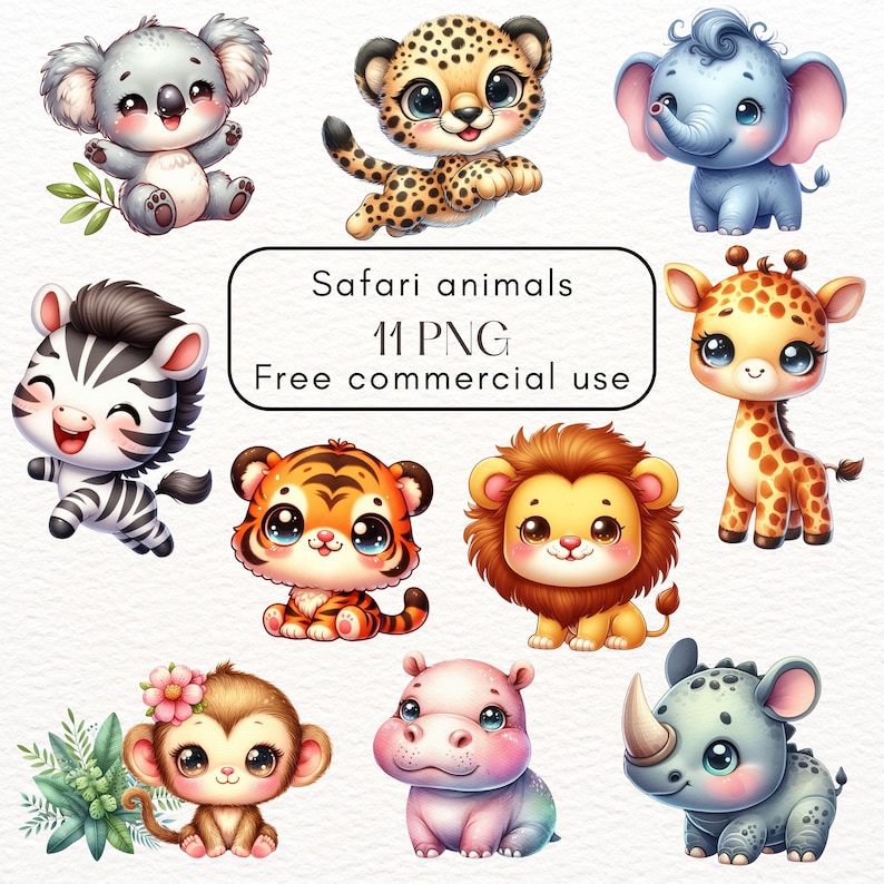 Cute Safari Animals PNG Clipart Bundle. Watercolor Clipart. Jungle ...