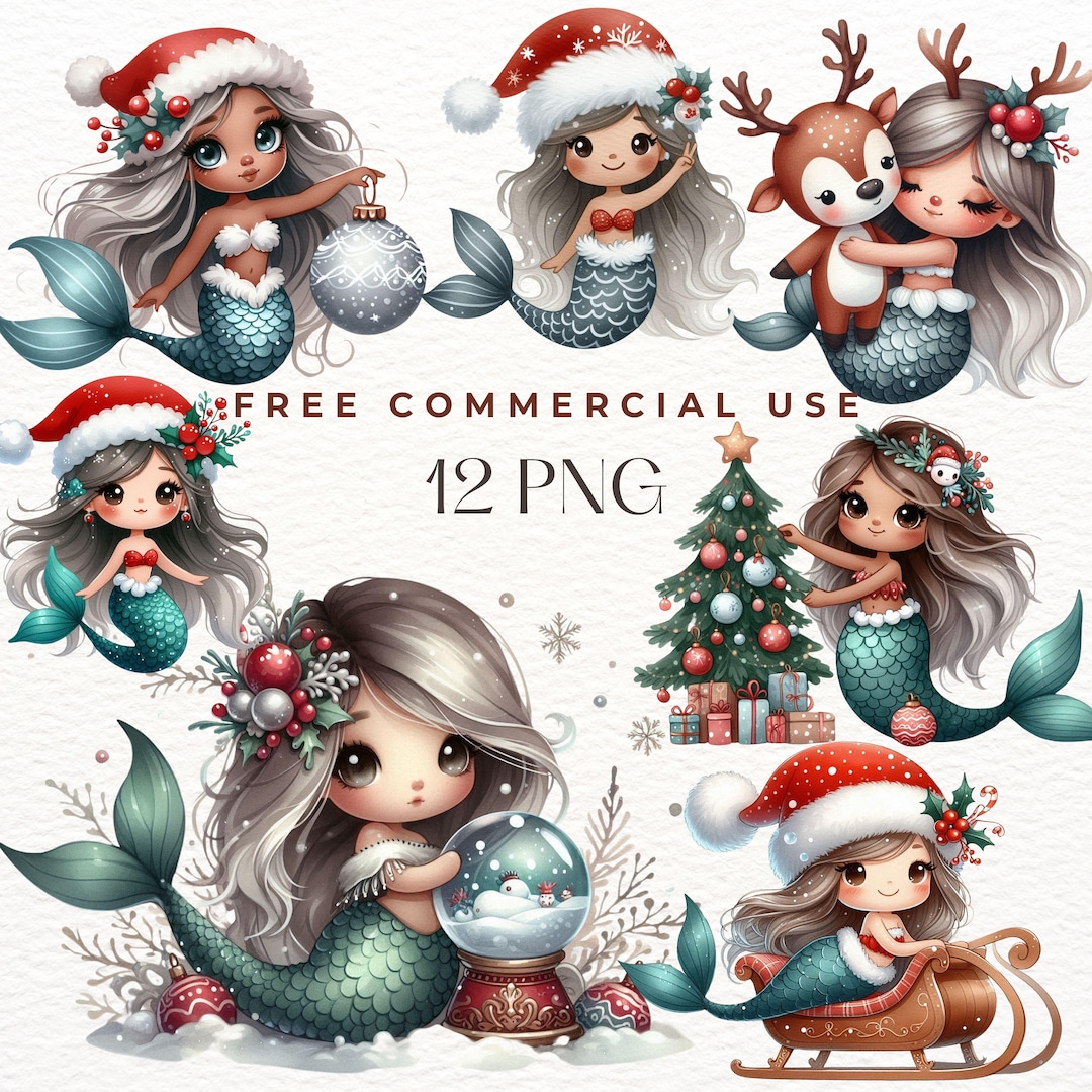 Christmas Mermaid Clipart Bundle 12 PNG Images. Mermaid Clipart ...
