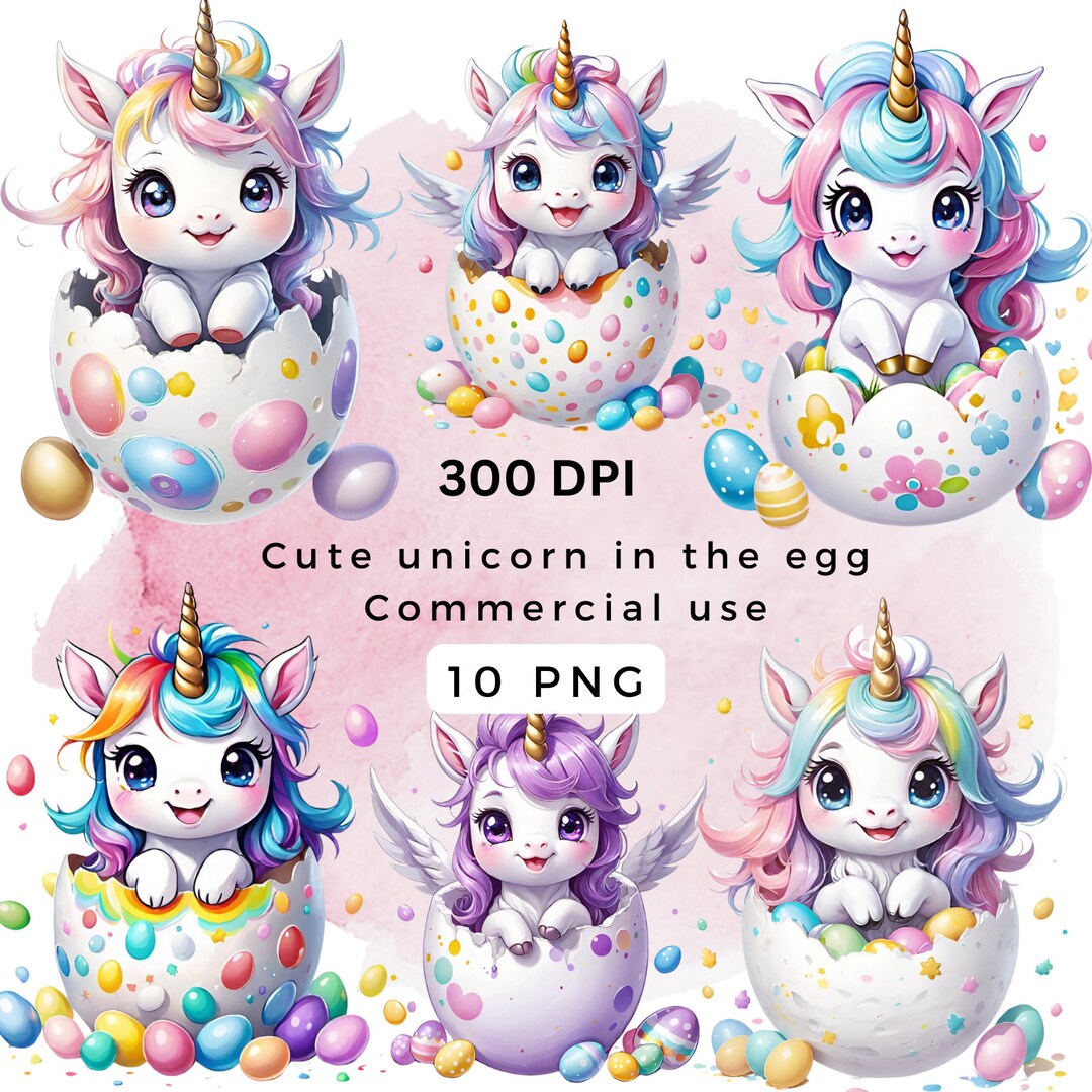 Cute Easter Unicorn in the Egg Clipart Bundle Transparent Background ...