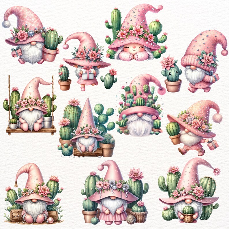 Cactus Gnome Clipart Bundle PNG Images. Gnome Clipart, Pink Gnome. DIY ...