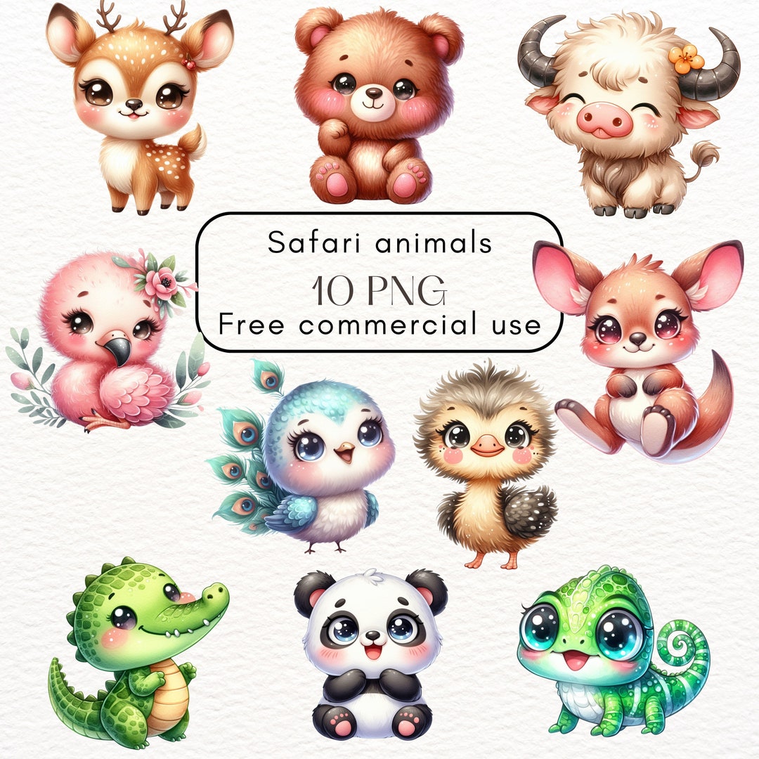 Cute Safari Animals PNG Clipart Bundle. Watercolor Clipart. Jungle ...