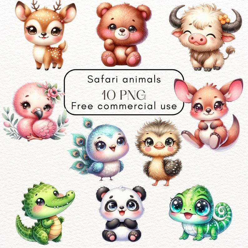 Cute Safari Animals PNG Clipart Bundle. Watercolor Clipart. Jungle ...