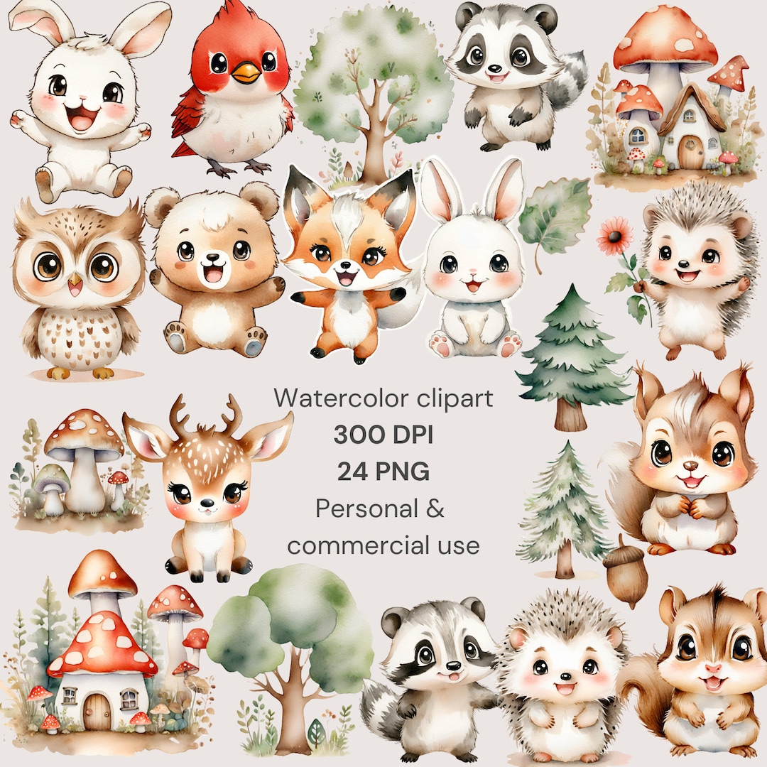 Woodland Animals Clipart. 24 Transparent Background PNG Images. Instant ...