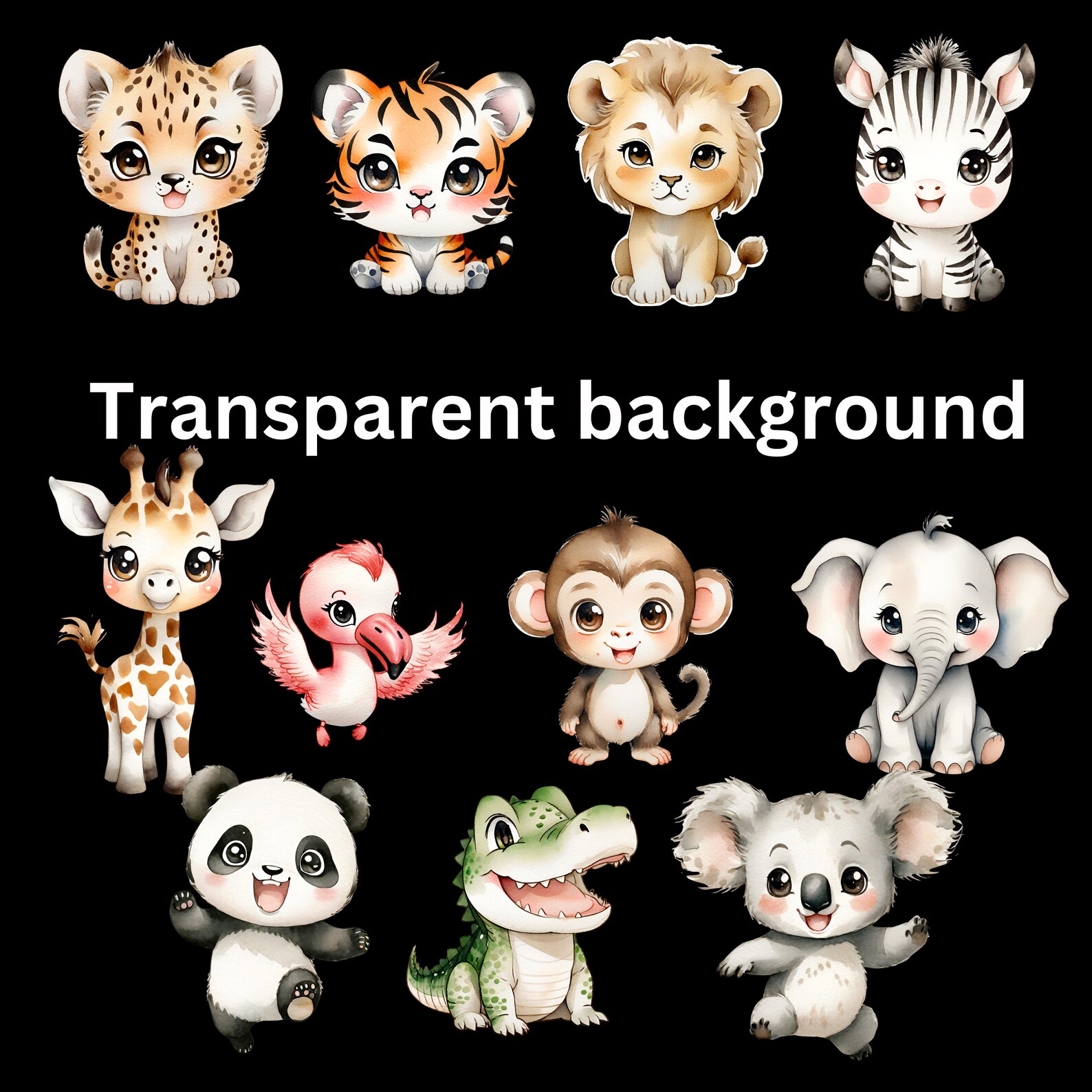 Cute Jungle Animals Clipart Bundle Transparent Background PNG Images ...