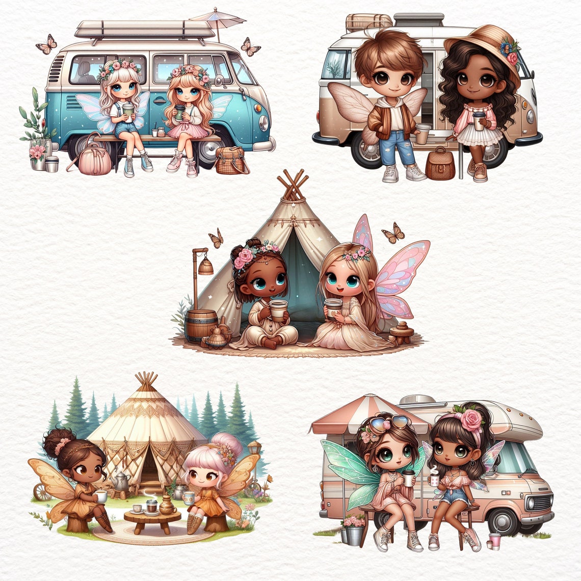 Cute Fairy Camping Drinking Coffee Clipart Set 9 PNG Images. Fairy ...
