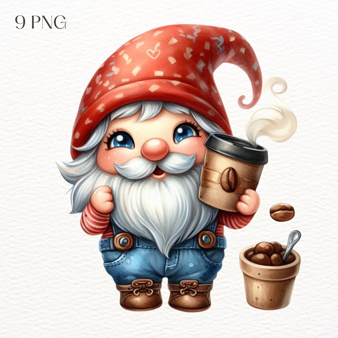 Cute Coffee Lover Gnome Clipart Bundle Transparent Background PNG ...