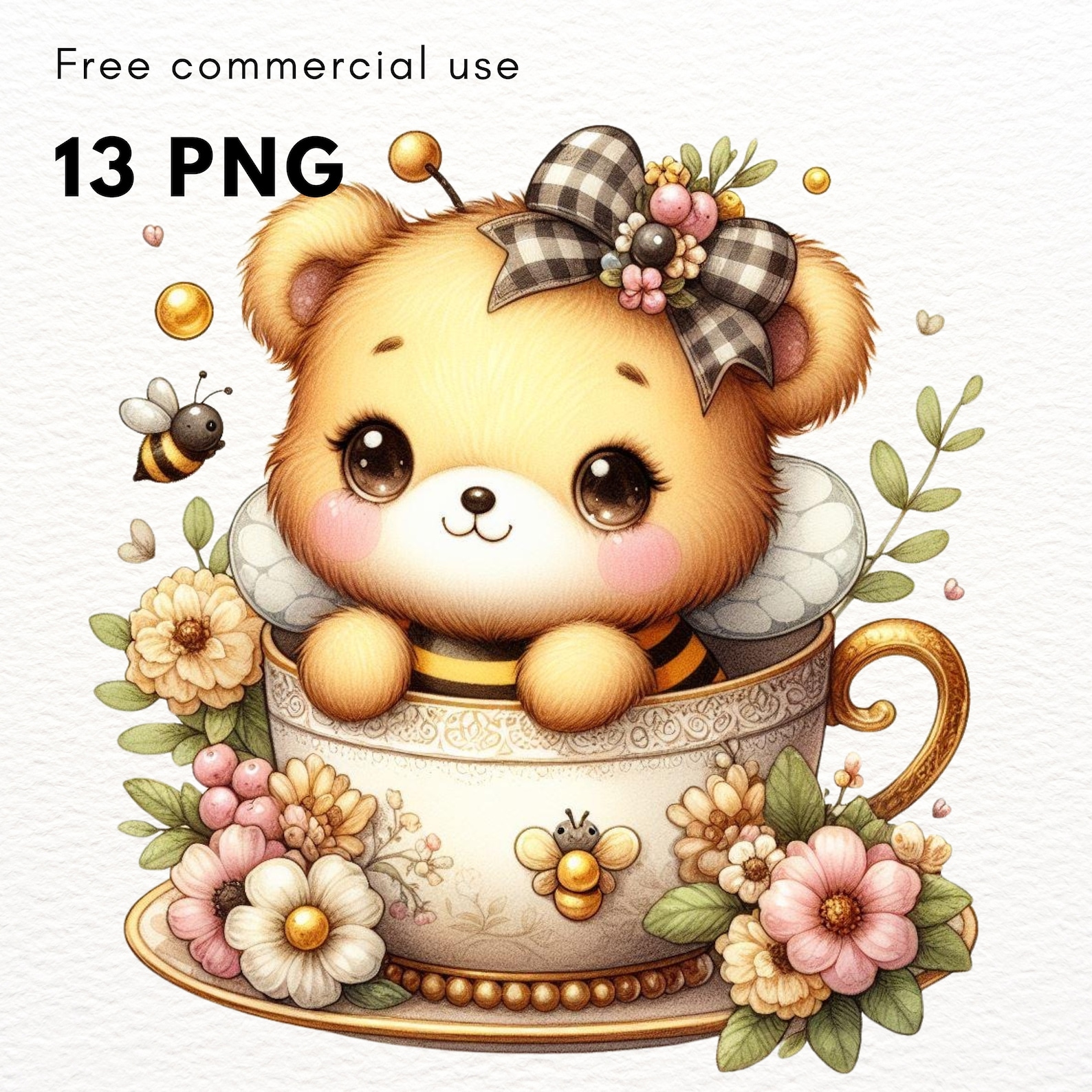 Bear Bee in the Cup Clipart Bundle PNG Images. Bear Clipart, Printable ...