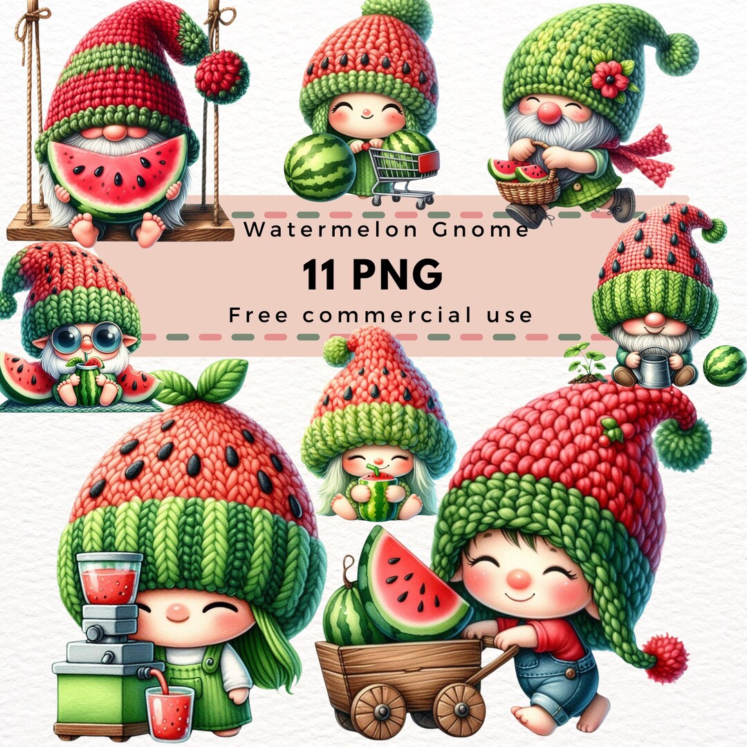 Watermelon Gnome Clipart Bundle PNG Images. Gnome Clipart. DIY Decor ...
