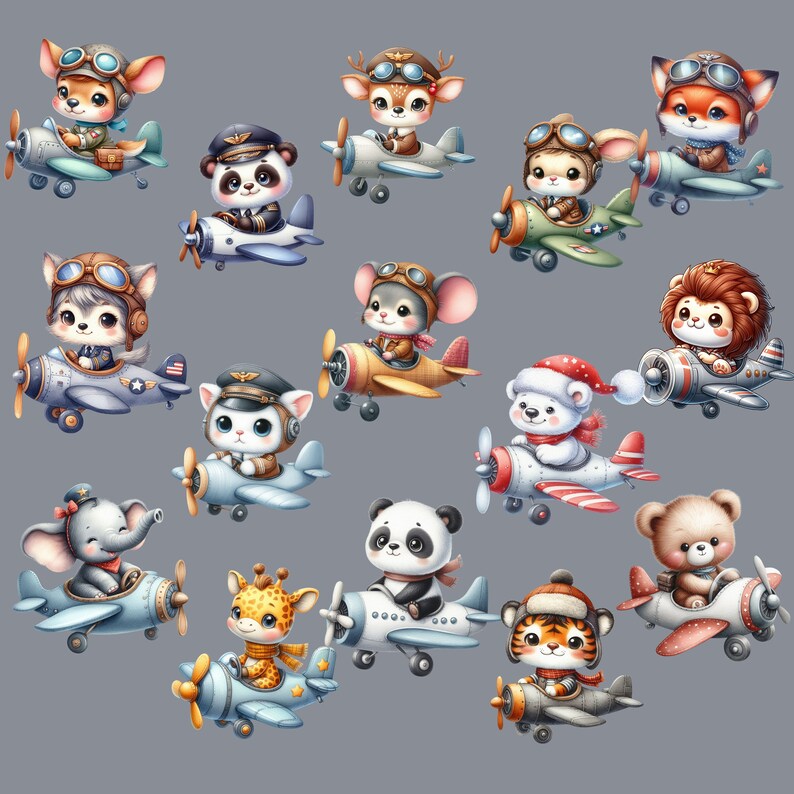 Cute Animals on Airplane Clipart Bundle 15 PNG Images. Cute Animals ...