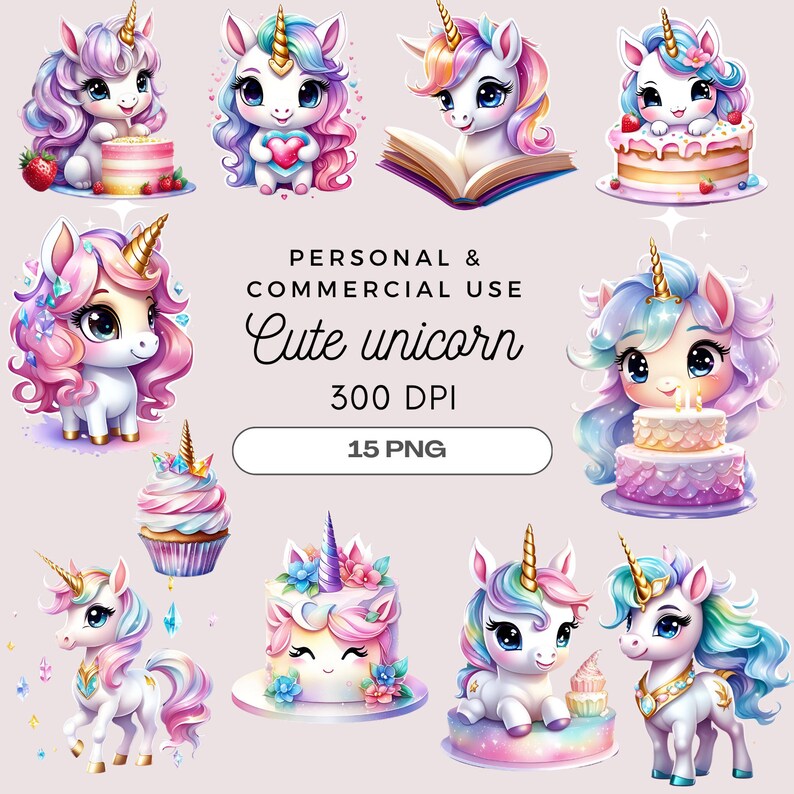 Cute Unicorn Clipart Bundle PNG Images. Unicorn Clipart, Animal Clipart ...