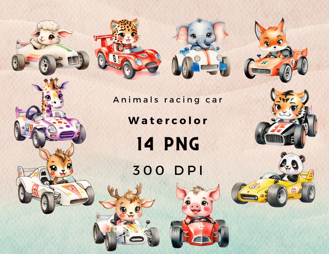 Cute Animal Racing Car Clipart Bundle PNG Images. Animals Clipart, Car ...