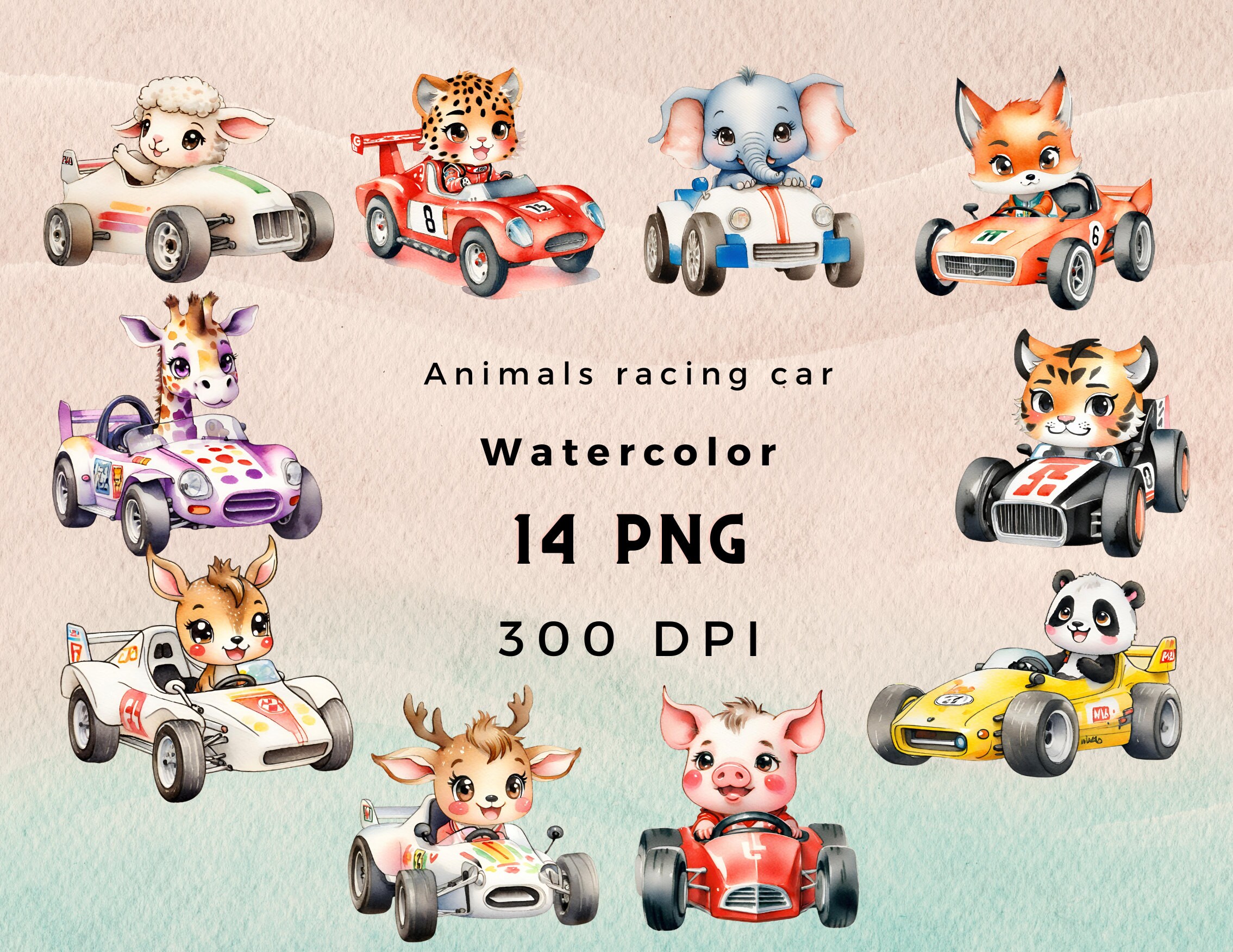 Cute Animal Racing Car Clipart Bundle PNG Images. Animals Clipart, Car ...