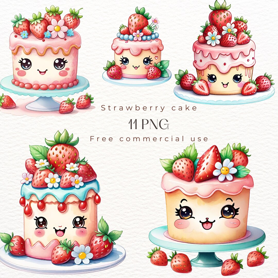 Cute Strawberry Cake Clipart Bundle PNG Images. Printable Art, Cake ...