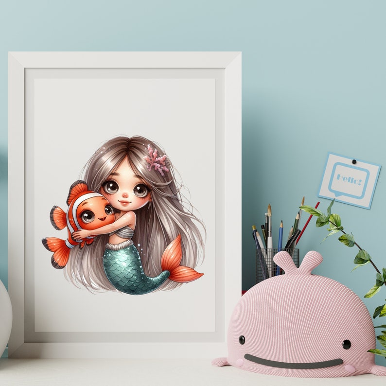 Cute Mermaid and Clown Fish Clipart Bundle 11 PNG Images. Mermaid ...