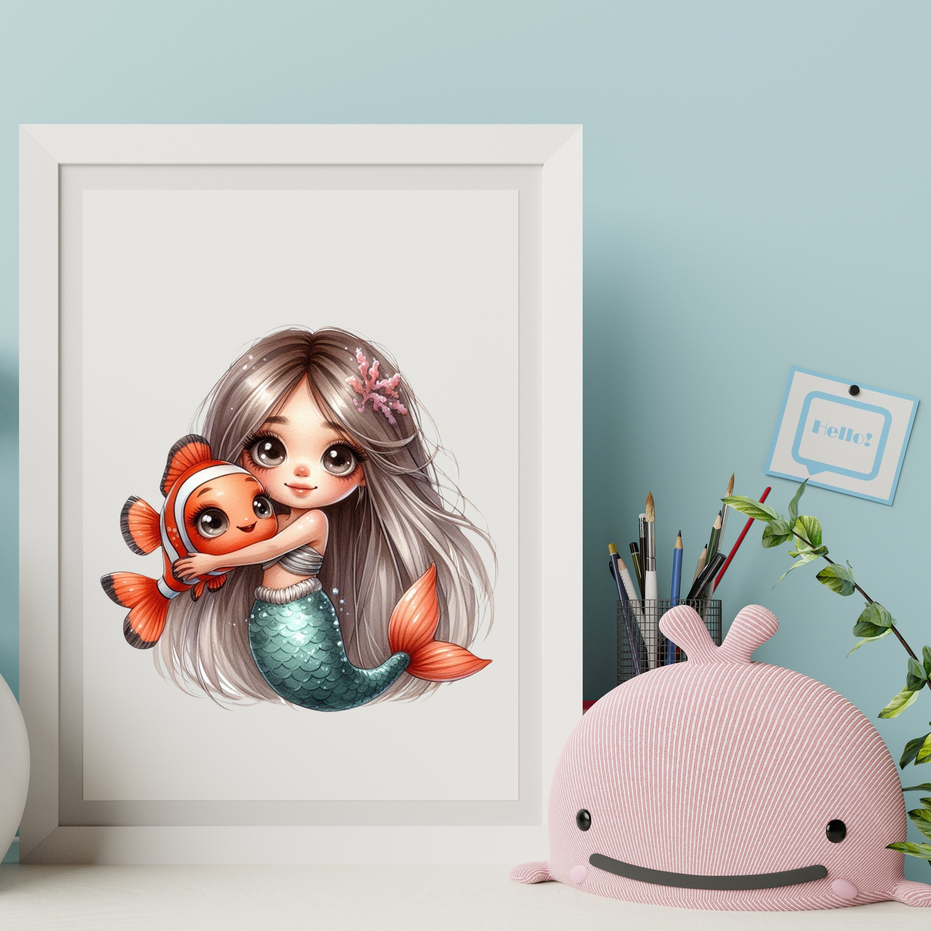 Cute Mermaid and Clown Fish Clipart Bundle 11 PNG Images. Mermaid ...