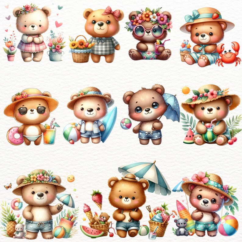 Summer Time Bear Clipart Bundle PNG Images. Bear Clipart, Summer Time ...