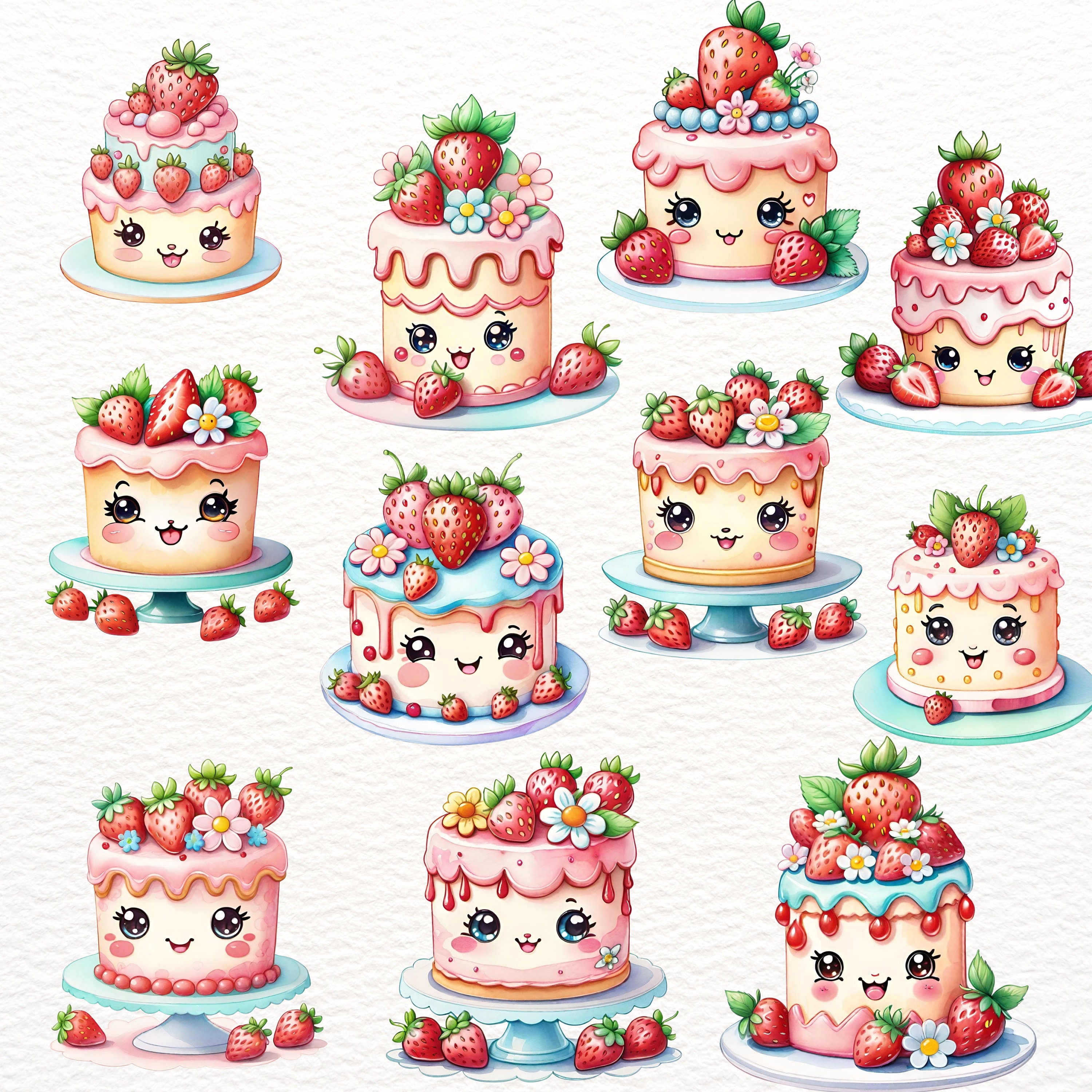 Cute Strawberry Cake Clipart Bundle PNG Images. Printable Art, Cake ...