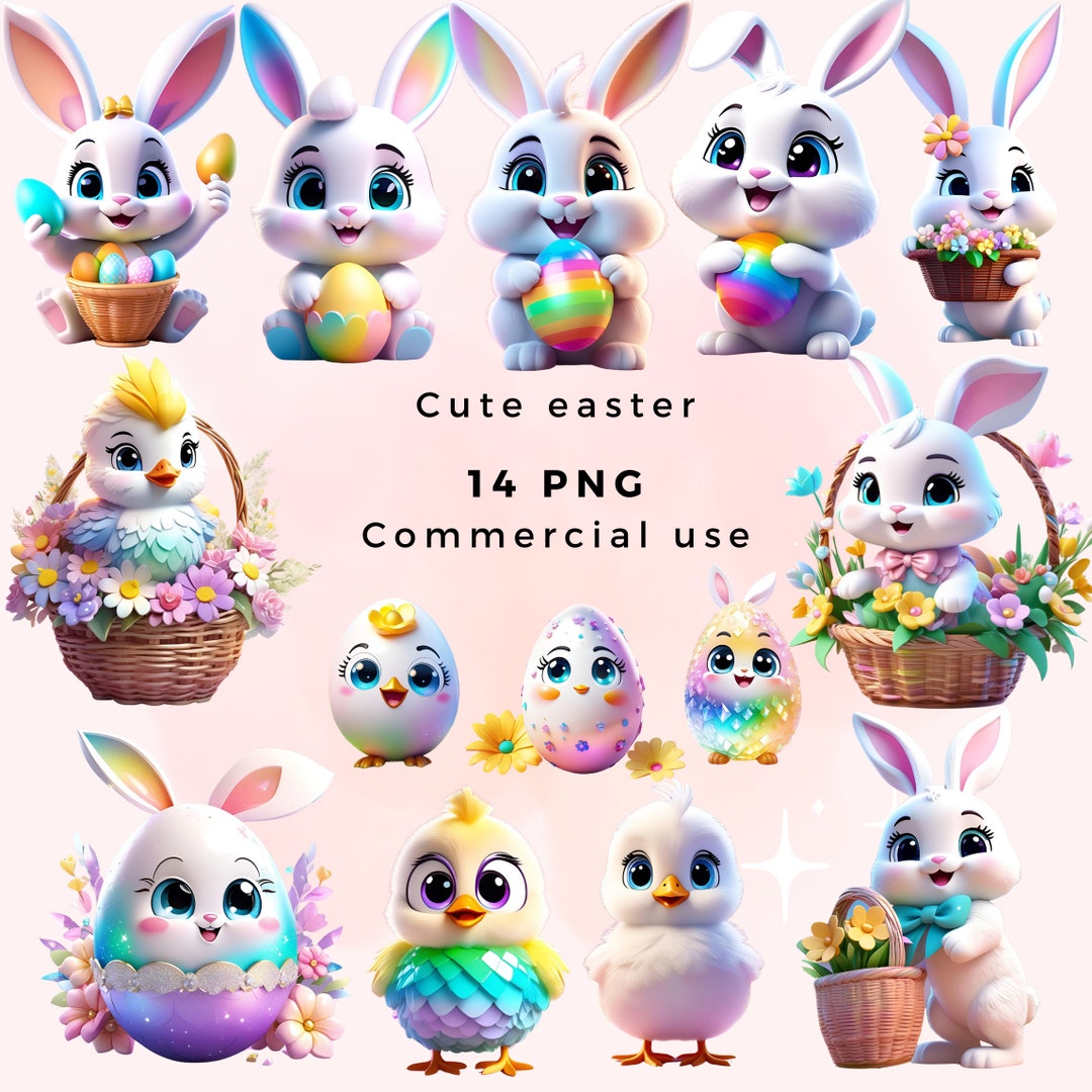 Cute Easter Bunny and Chick Clipart Bundle PNG Images. Easter Clipart ...
