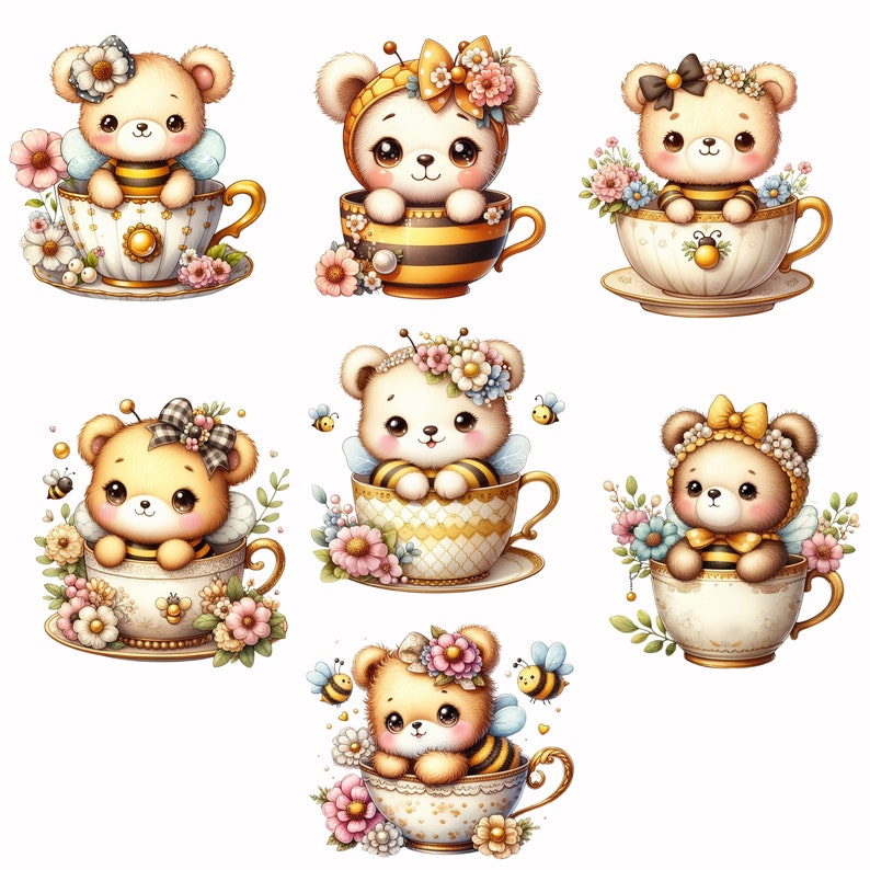 Bear Bee in the Cup Clipart Bundle PNG Images. Bear Clipart, Printable ...