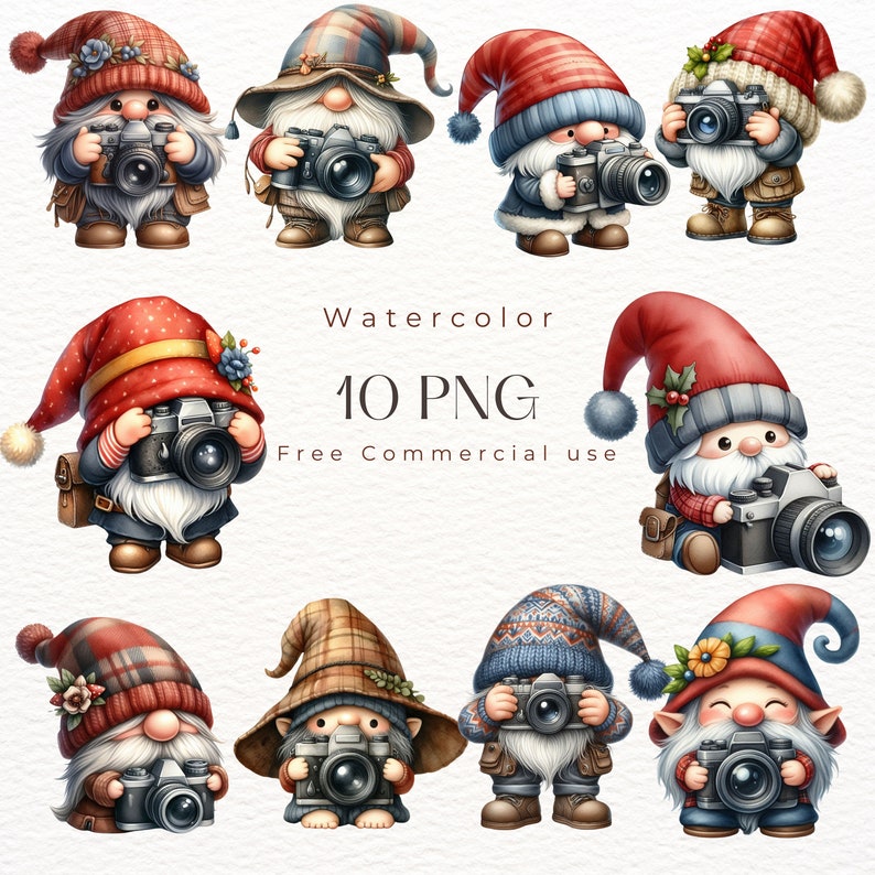 Photographer Gnome Watercolor Clipart Bundle PNG Images. Gnome Clipart ...