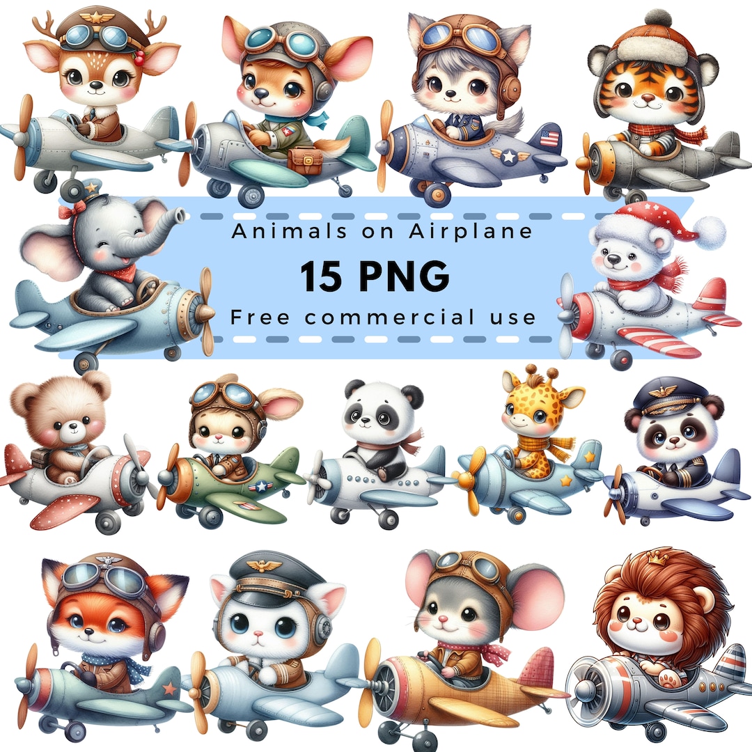 Cute Animals on Airplane Clipart Bundle 15 PNG Images. Cute Animals ...