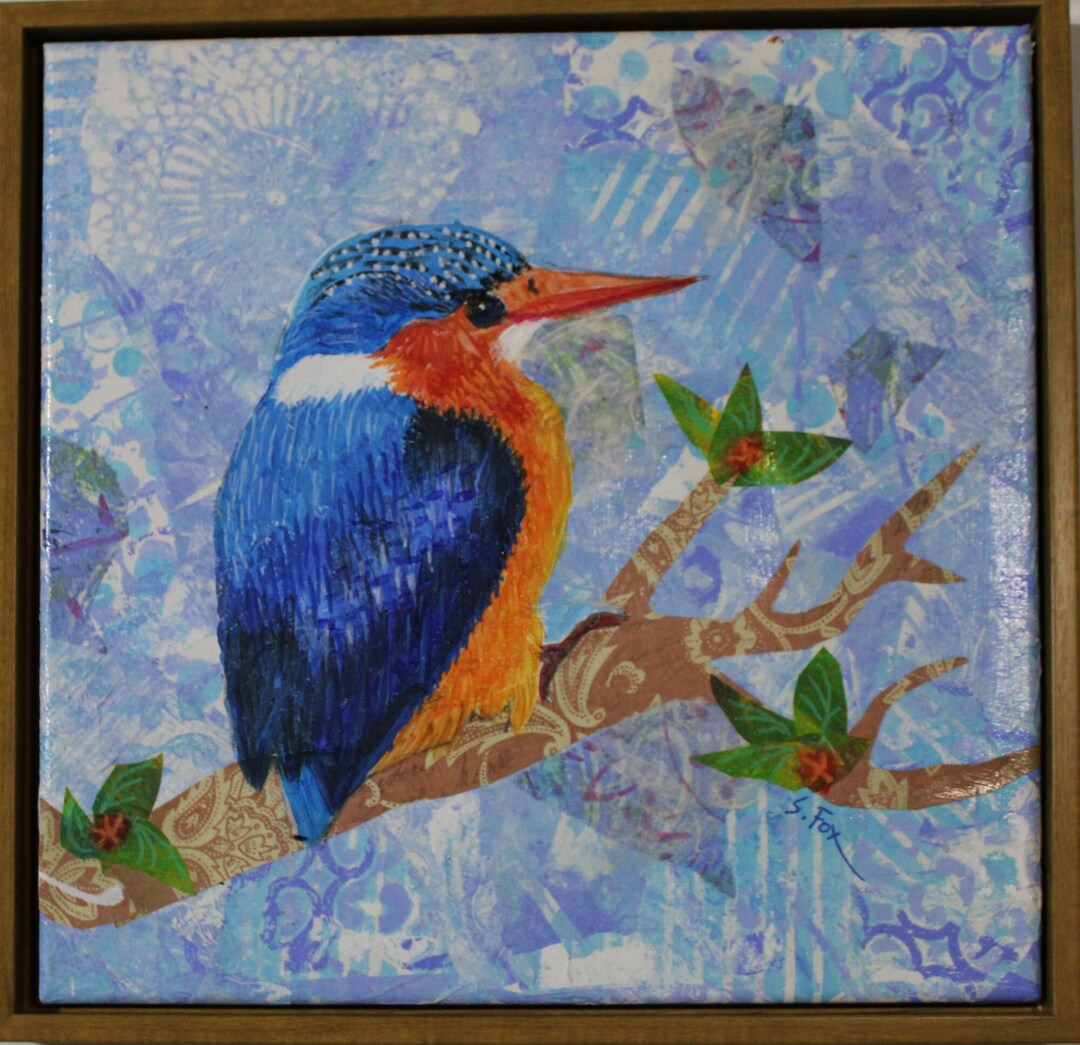 Kingfisher Bird Art, Painted Blue Bird Wall Art, Bird Collage, Mixed ...