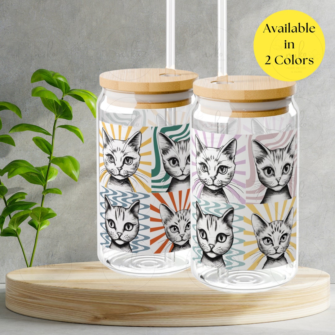 Cat Glass Sipper Tumbler, Retro Groovy Cat Glass Cup, 16 Oz. Iced ...