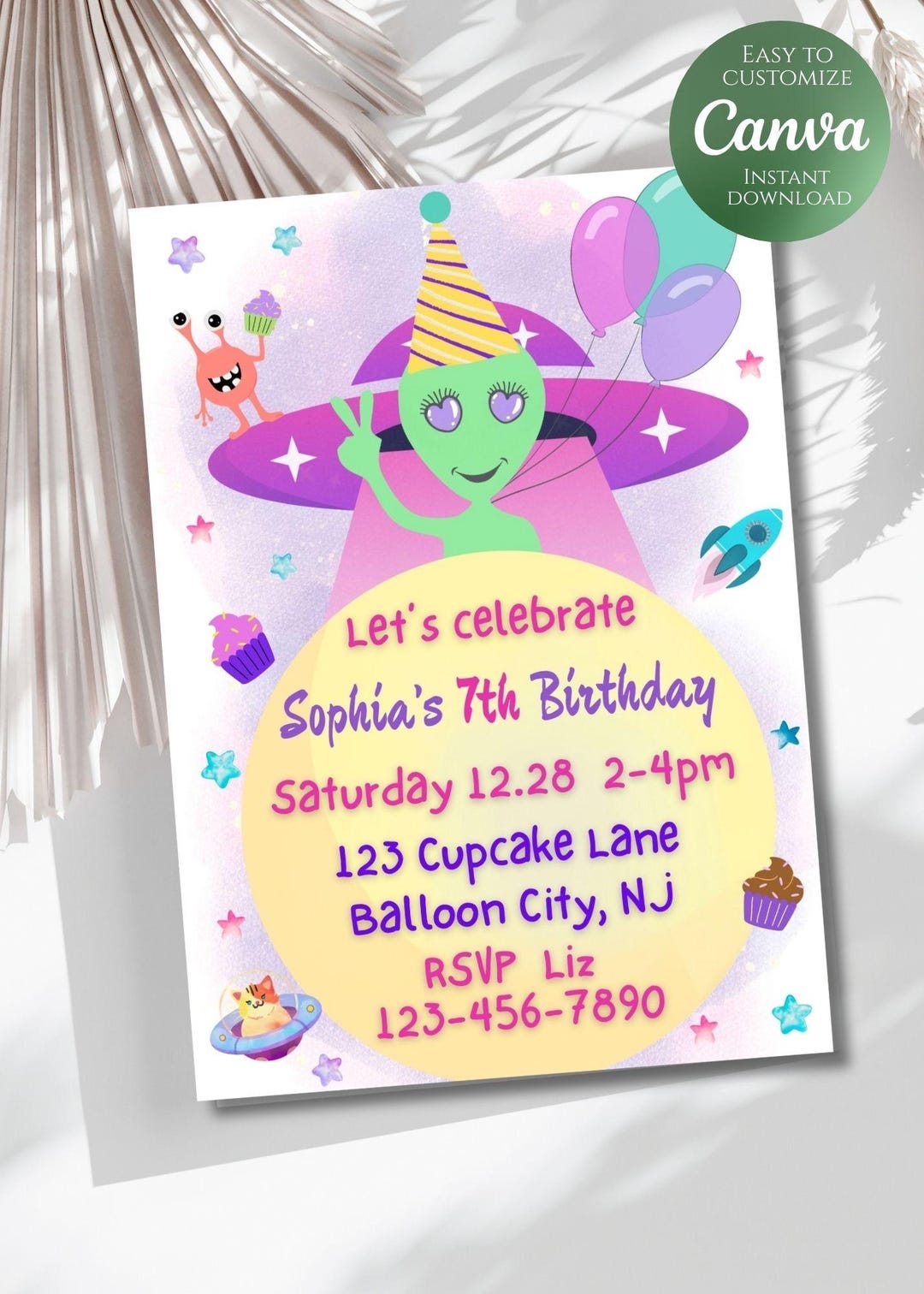 Alien Girl Birthday Invitation, Outer Space Theme, Canva Template ...