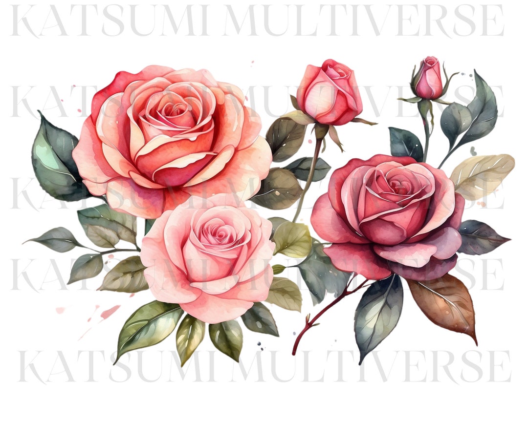 Watercolor Pink Rose Svg, Roses and Leaves SVG PNG, Roses Bouquet Clip ...