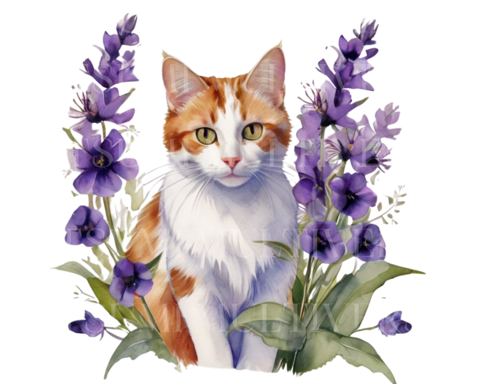 Watercolor Orange Cat and Flowers SVG PNG, Printable Clipart, Cat Clip ...