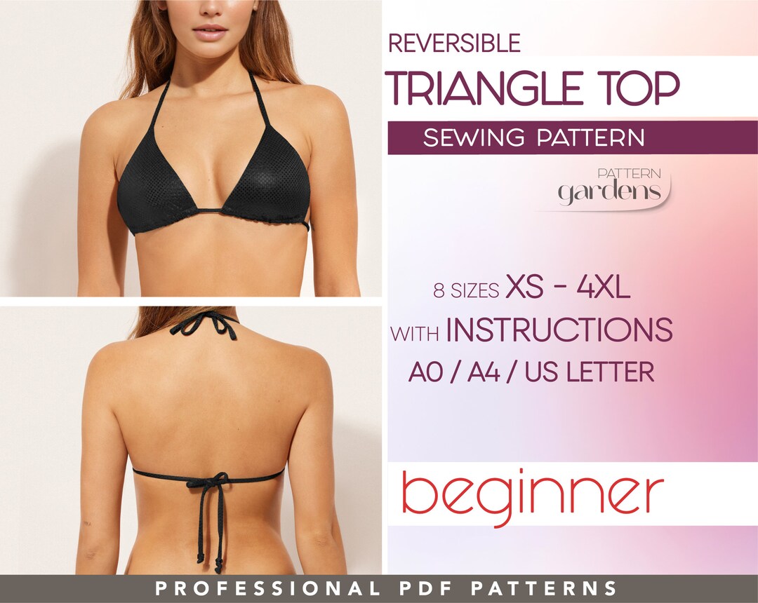 Bikini Sewing Pattern, Swimsuit Beginner Pattern, Triangle Bikini Top, Bathing Suit Pattern ...