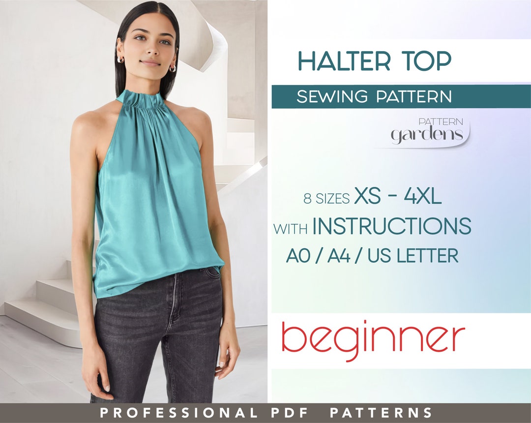 Halter Top Sewing Pattern, Summer Blouse Pattern, Sleeveless Shirt Beginner Pattern, Satin Top ...