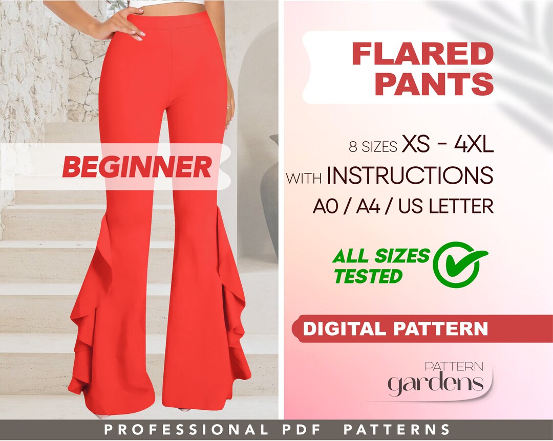 Flared Pants Pattern for Beginners in 8 Sizes XS 4XL, Bell Bottom ...