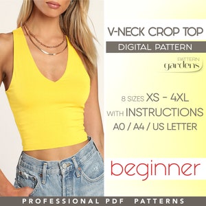 V-neck Top Pattern, Crop Top Beginner Sewing Pattern Plus Size Top PDF Sewing Patterns, Workout ...