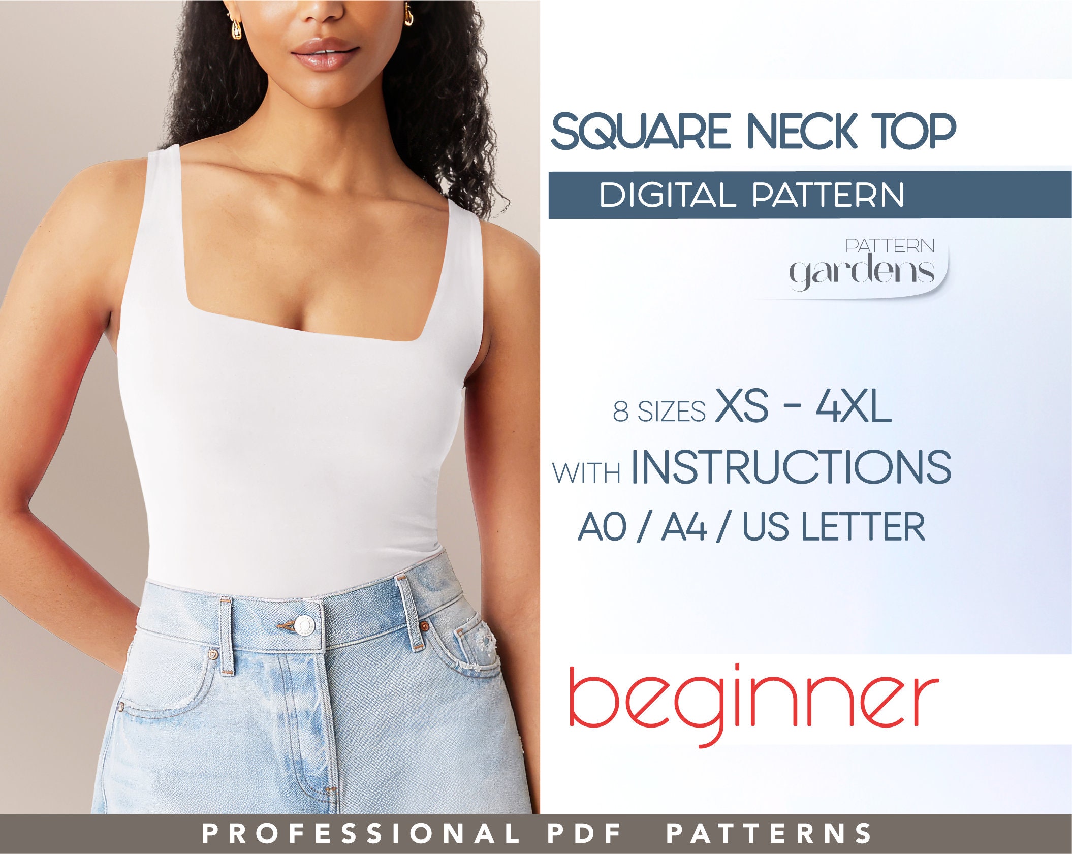 Women Top Beginner Sewing Pattern XS 4XL, Square Neck Top Pattern, Plus ...