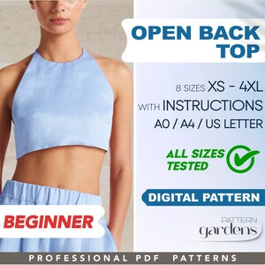 Open Back Top Pattern for Beginners in 8 Sizes XS 4XL, Backless Crop ...