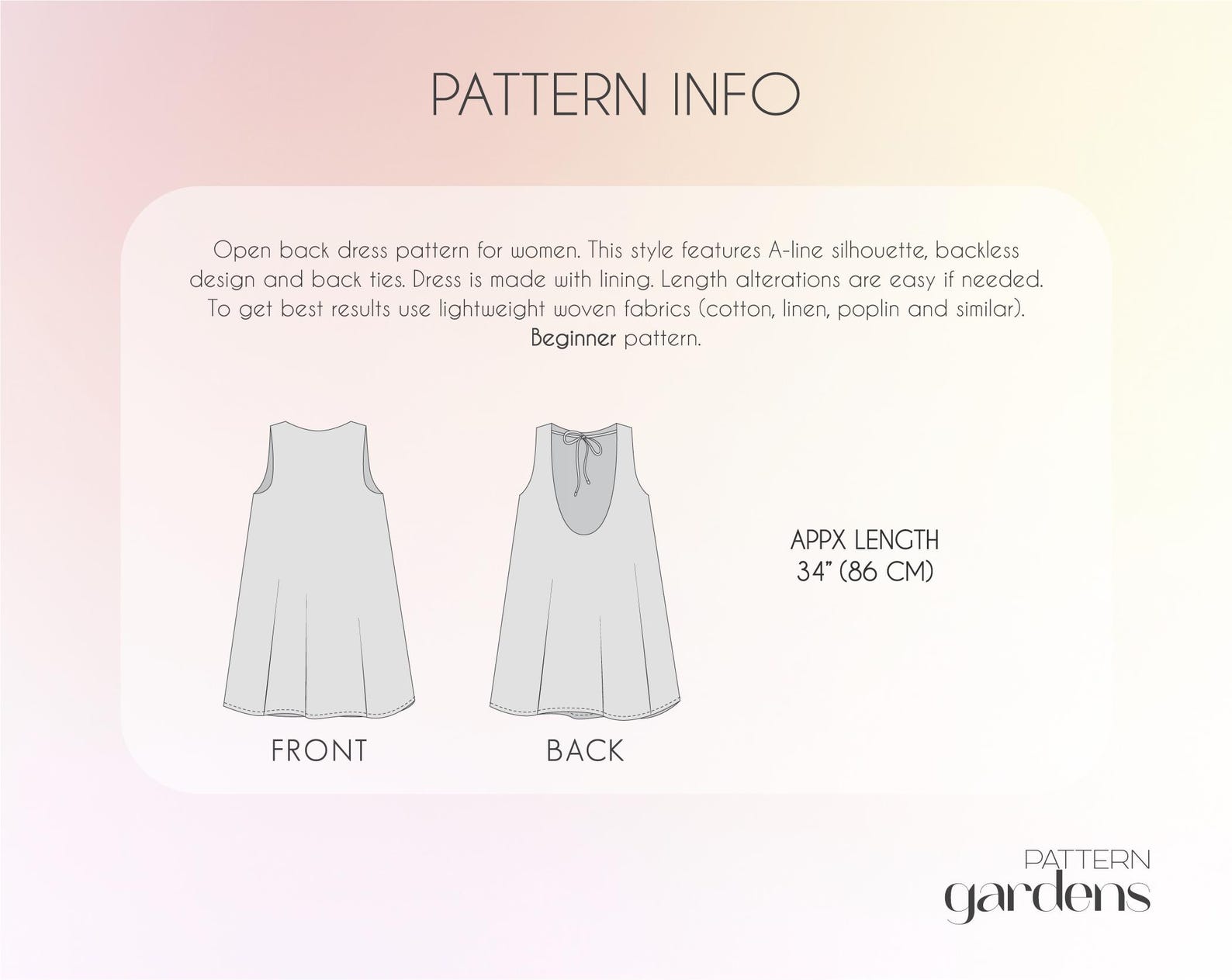Open Back Dress Pattern, A-line Dress Sewing Pattern, Backless Dress ...