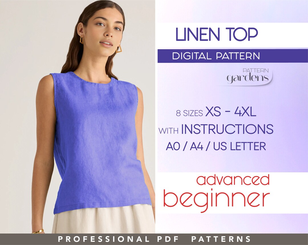 Women Summer Top Pattern, Linen Top Sewing Pattern XS - 4XL, Sleeveless ...