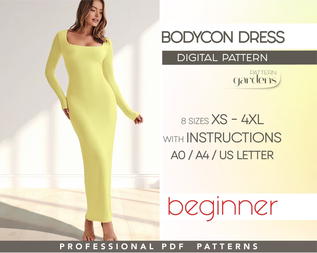 Bodycon Dress Pattern XS 4XL, Long Fitted Dress Beginner Sewing Pattern ...