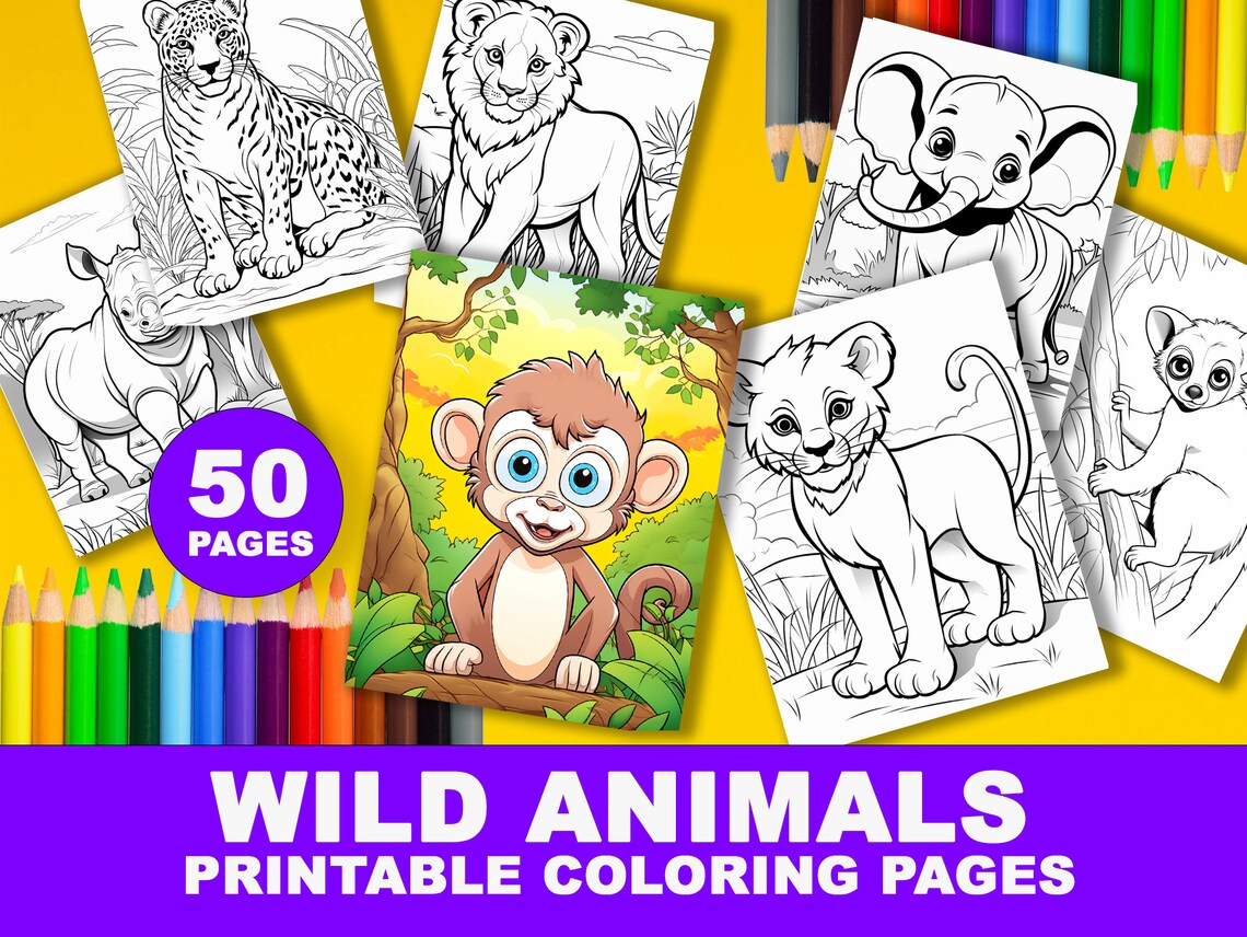50 Wild Animals Coloring Pages for Kids Toddlers Preschoolers Printable ...