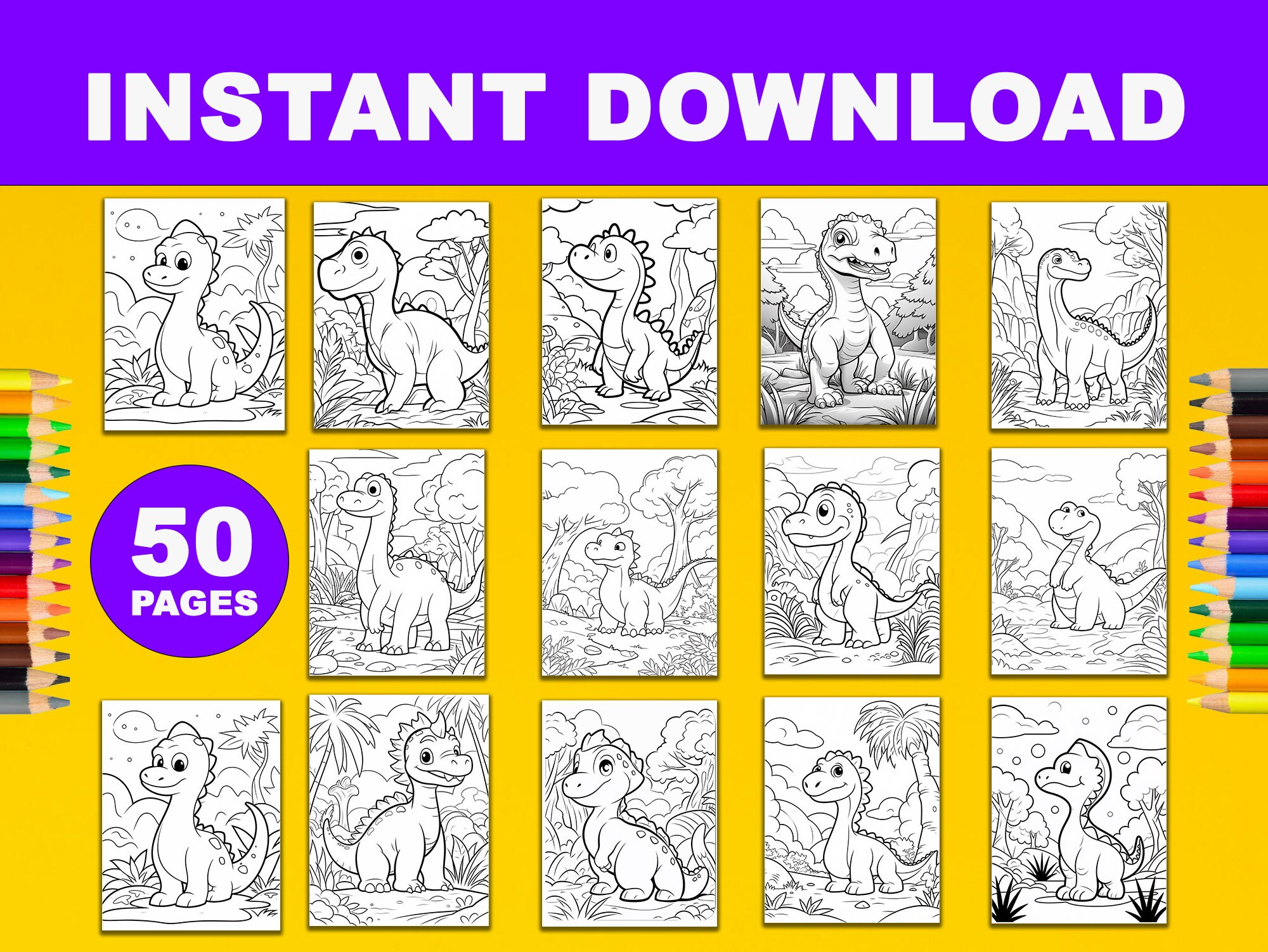 50 Dinosaur Coloring Pages for Kids Toddlers Preschoolers Printable ...