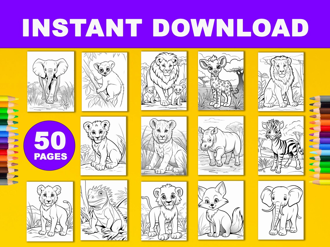 50 Wild Animals Coloring Pages for Kids Toddlers Preschoolers Printable ...