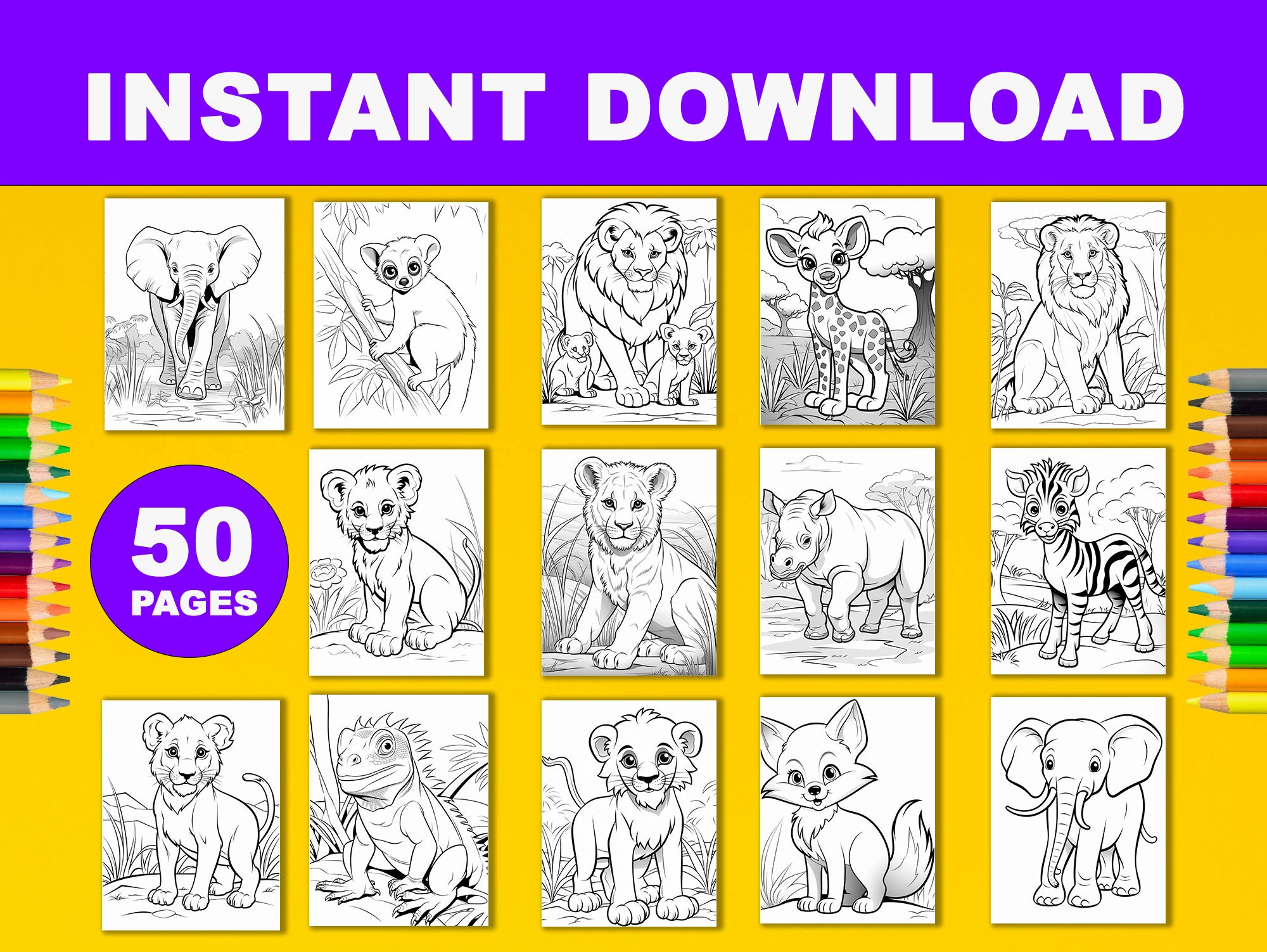 50 Wild Animals Coloring Pages for Kids Toddlers Preschoolers Printable ...