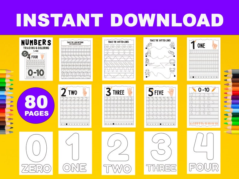 Numbers Trace and Color Workbook Kids Toddlers Preschoolers Printable ...