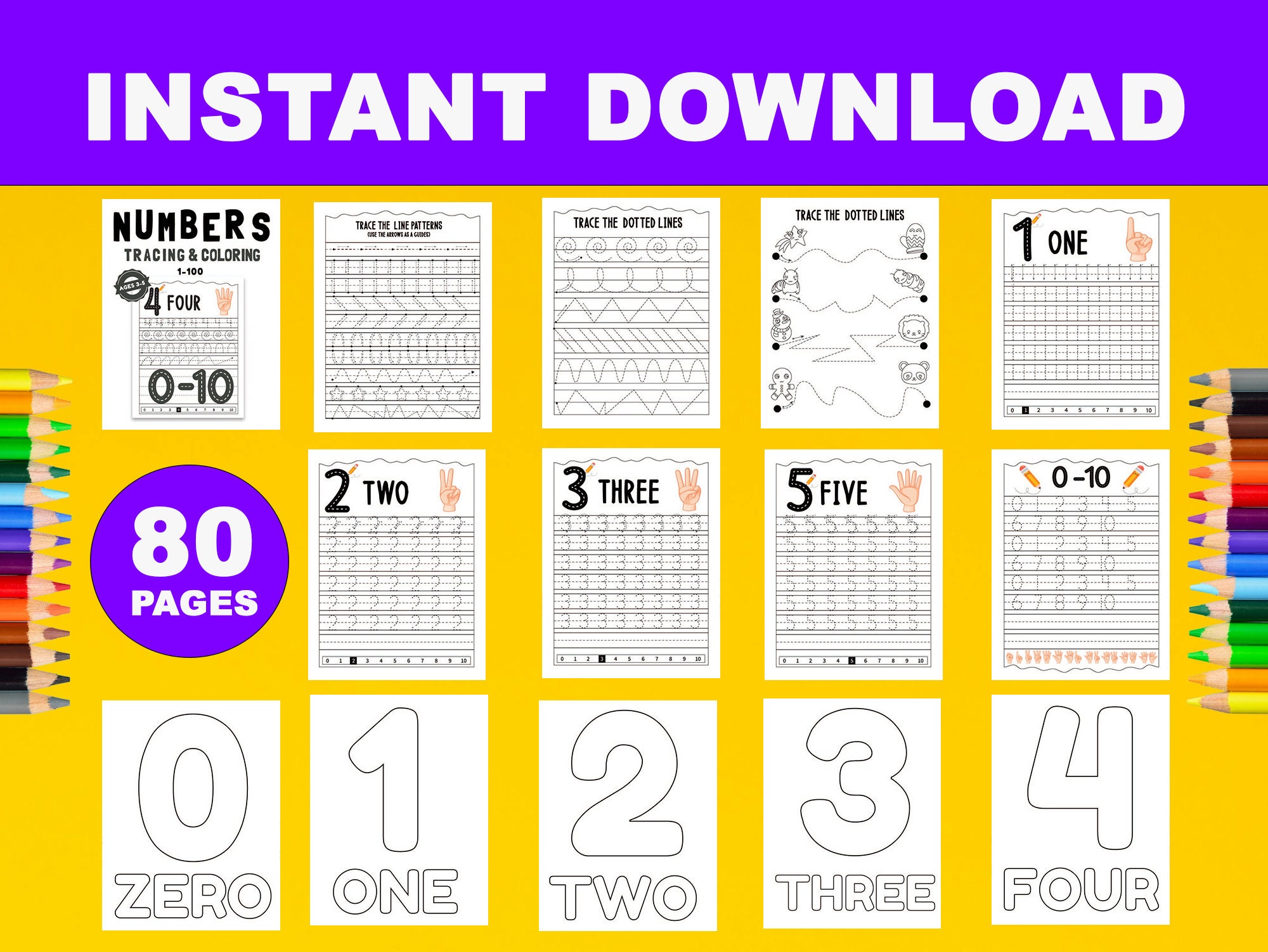 Numbers Trace and Color Workbook Kids Toddlers Preschoolers Printable ...